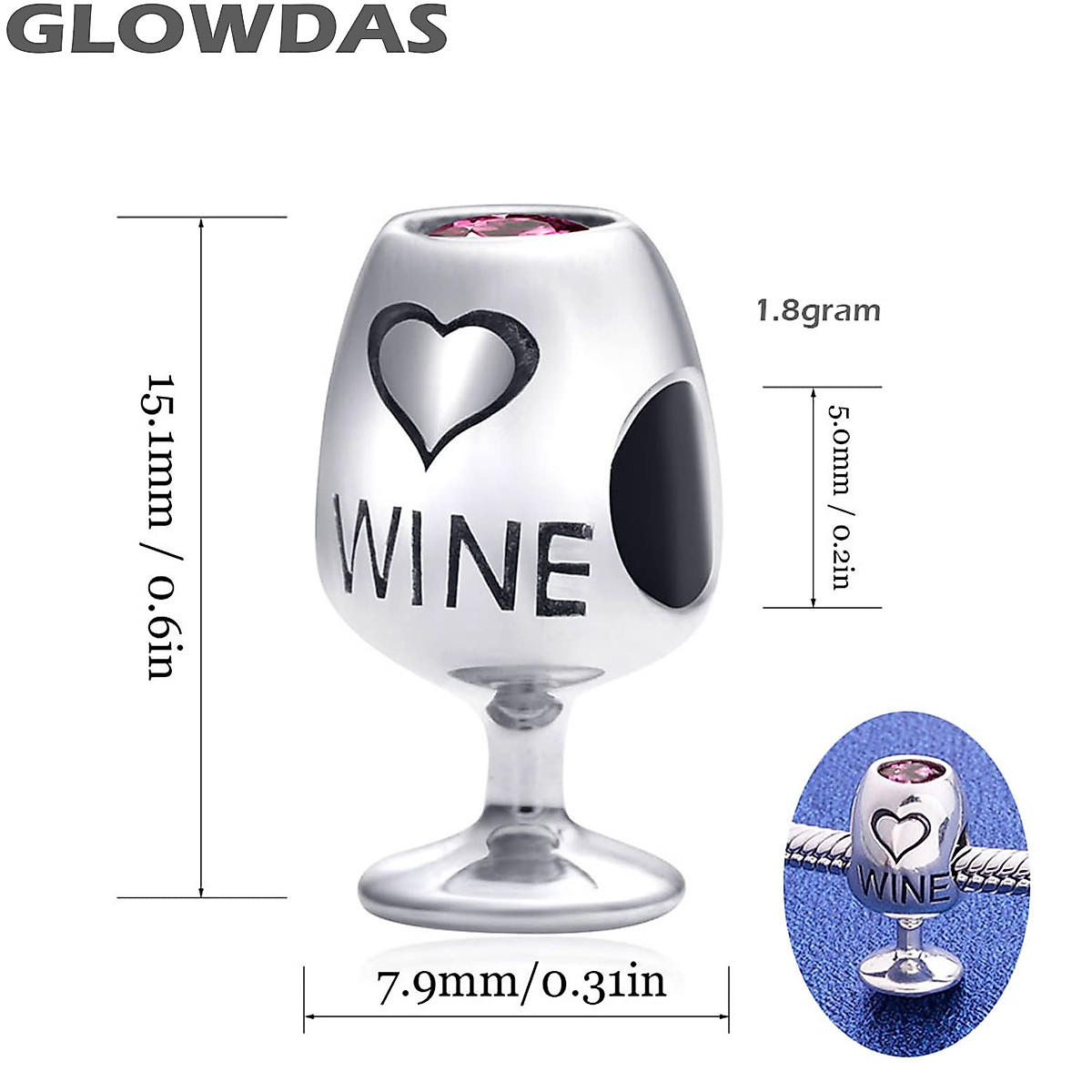 Wine Glass Cup Charms fit Pandora Valentines Day Bracelet, 925 Sterling Silver Wine Bottle Beads with Red CZ, Cocktail Goblet Charm, Birthday Gifts for Wedding/Nana/Wife/Couple