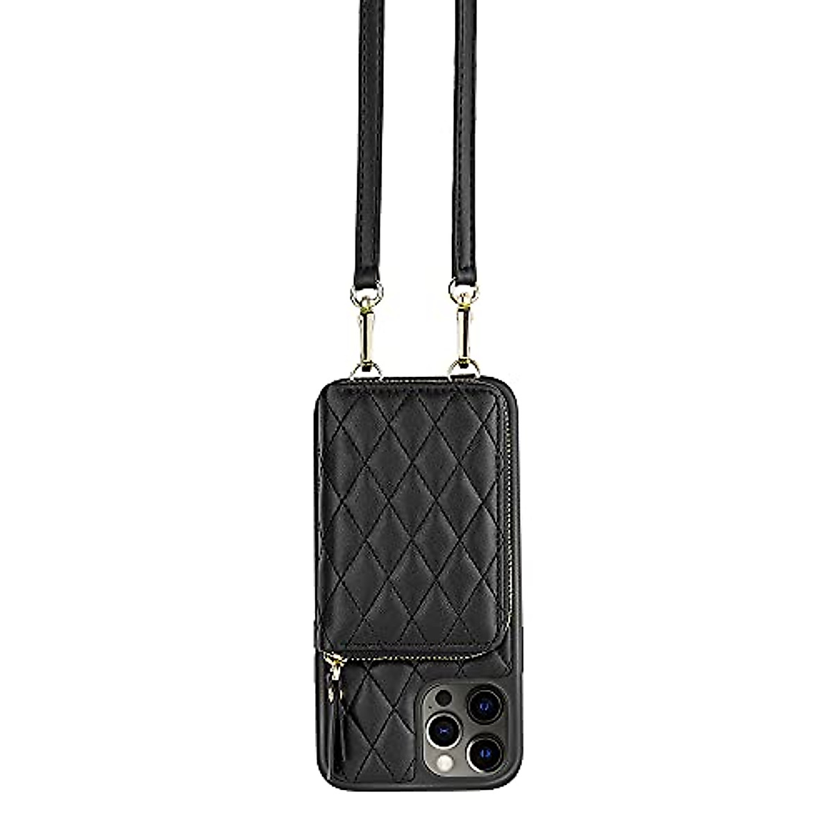 LAMEEKU Wallet Case Compatible with iPhone 12 Pro Max, Card Holder Case with Crossbody Strap Leather Handbag Case for Women Protective Case Compatible with iPhone 12 Pro Max 6.7''-Black