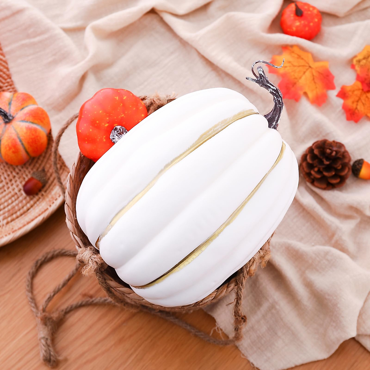 Lucakuins 8 Inch Large Artificial Pumpkins DIY White Decorative Foam Pumpkins Cute Fake Pumpkins for Hallween Autumn Harvest Home Decorations (White Gold Wire, 8 in)