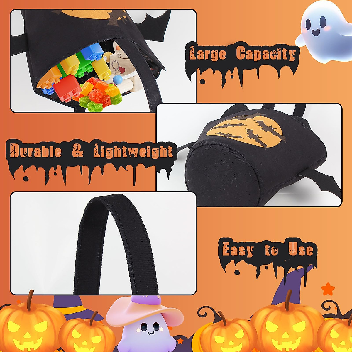 IDEA FAMILY Halloween Candy Trick or Treat Goodie Bags Kids Bat Bucket Basket with Handle Large Reusable Multipurpose Canvas Tote Bag Halloween Gifts Party Favors Supplies for Kids,Black
