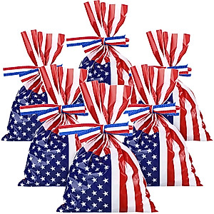 100 Pcs Patriotic Cellophane Treat Bags 4th of July Candy Goodie Bags Memorial Day Independence Day Red White Blue Star Loot Bags with 22 Yards Ribbon 4th of July Party Favor Decor, 6 x 9 Inch