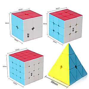 Roxenda Speed Cube Set, Speed Cube Bundle of 2x2 3x3 4x4 and Pyramid Cube Smoothly Stickerless Magic Cubes Collection for Kids Teens & Adults [4 Pack] (Stickerless)