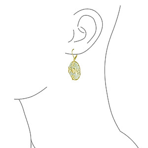 Asian Style Dangle Circle Round Donut Good Fortune Light Green Jade Butterfly Disc Drop Statement Earrings For Women 14K Gold Overlay .925 Sterling Silver Lever Back