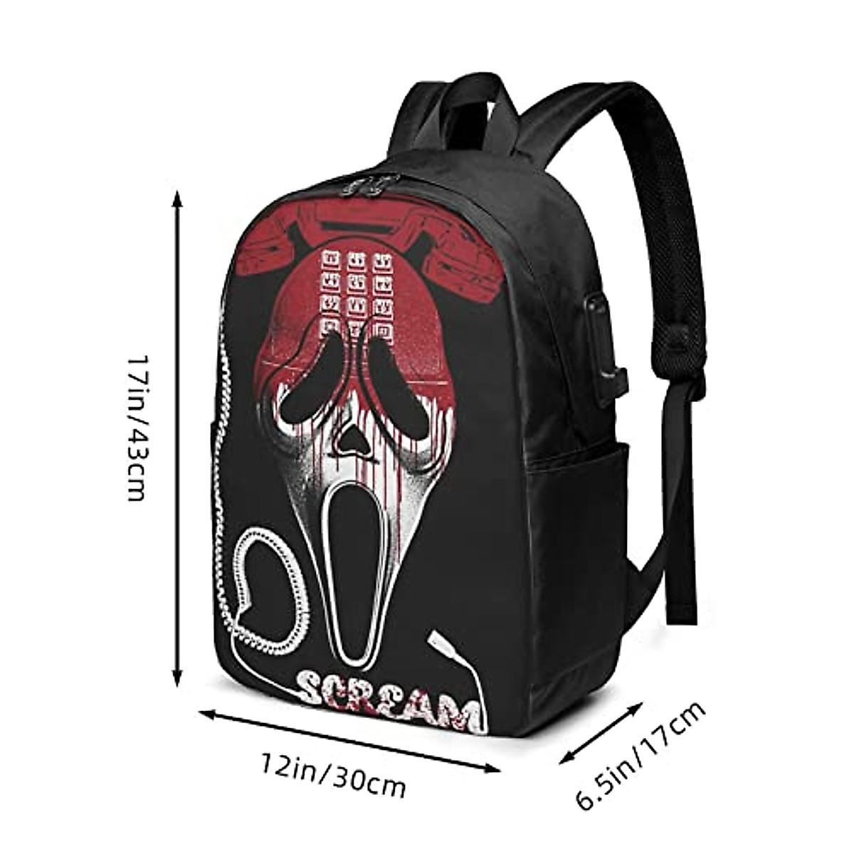 Halloween Horror Movie Ghost-Face Laptop Backpack with USB Charging Port, 17 Inch, Unisex, Adjustable Shoulder Strap Backpack, Travel Backpack, Business Backpack, School Computer Bag for Women & Men