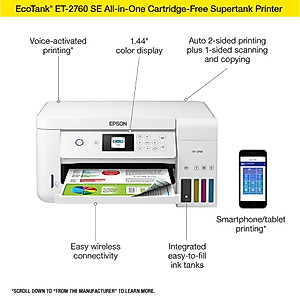 Epson EcoTank ET 2760 Wireless Color Inkjet Cartridge-Free All-in-One Supertank Printer, Mobile Print, Copy Scan, Auto 2-Sided Printing, Voice Activated, with Bonus Black Ink