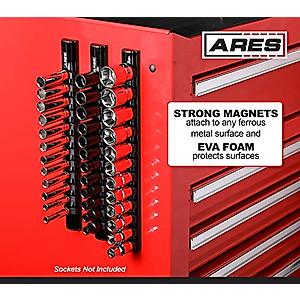 ARES 60053-3-Piece Black Magnetic Socket Organizer Set - Aluminum Rails Store up to 12 Sockets Each and Keep Your Tool Box Organized