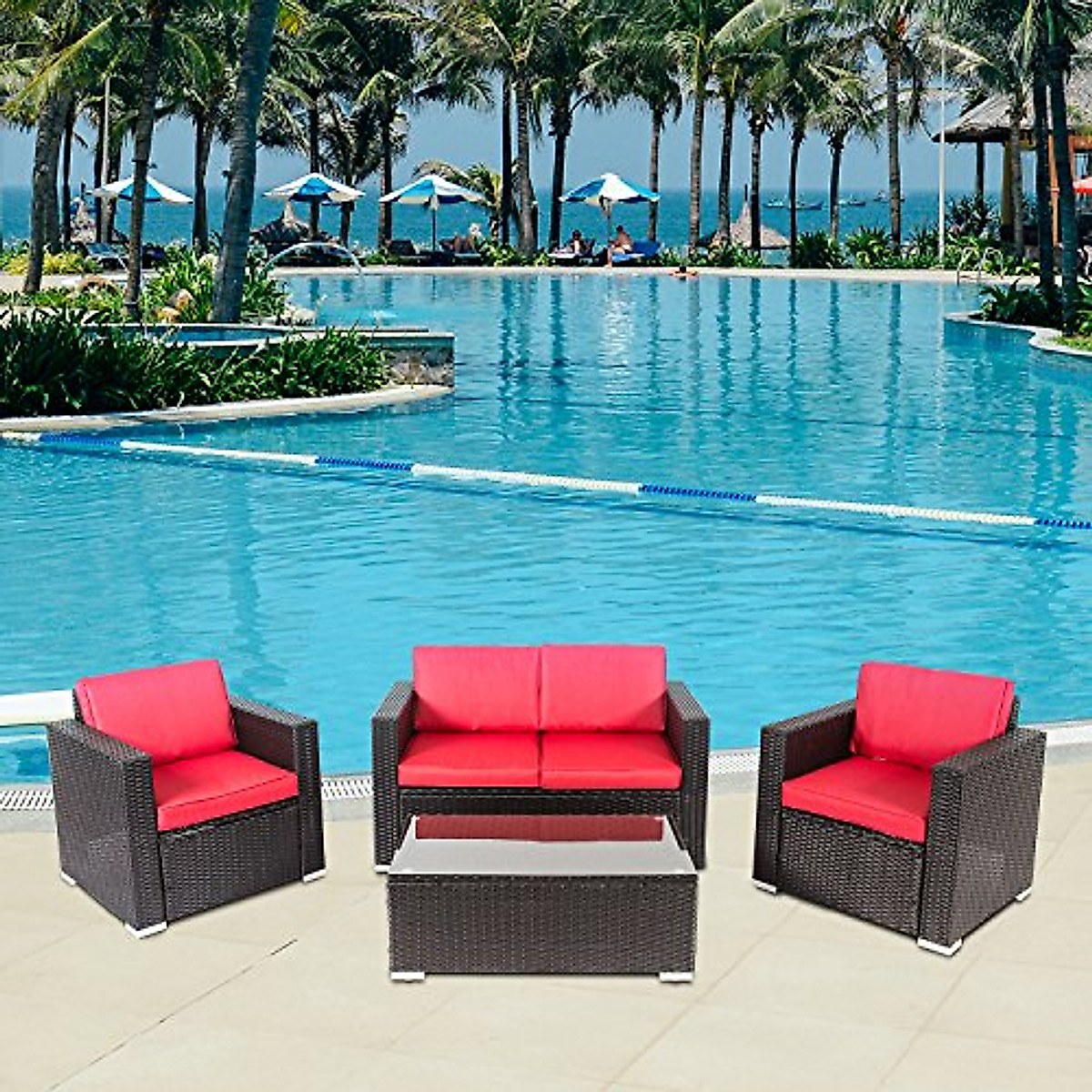 Peach Tree 4 PC Patio Furniture Sets PE Rattan Wicker Sofa Sectional Conversation Set with Washable Cushion and Coffee Table Deck Couch Set for Garden Outdoor(Red)