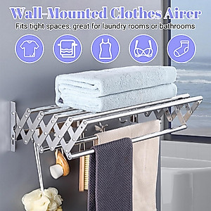 Yowmina Clothes Drying Rack Wall Mounted, Foldable Wall Drying Rack with 5 Hooks, Retractable Hanging Drying Rack with 7 Drying Rods, Space-Saving Stainless Steel Accordion Laundry Rack (23.6in)
