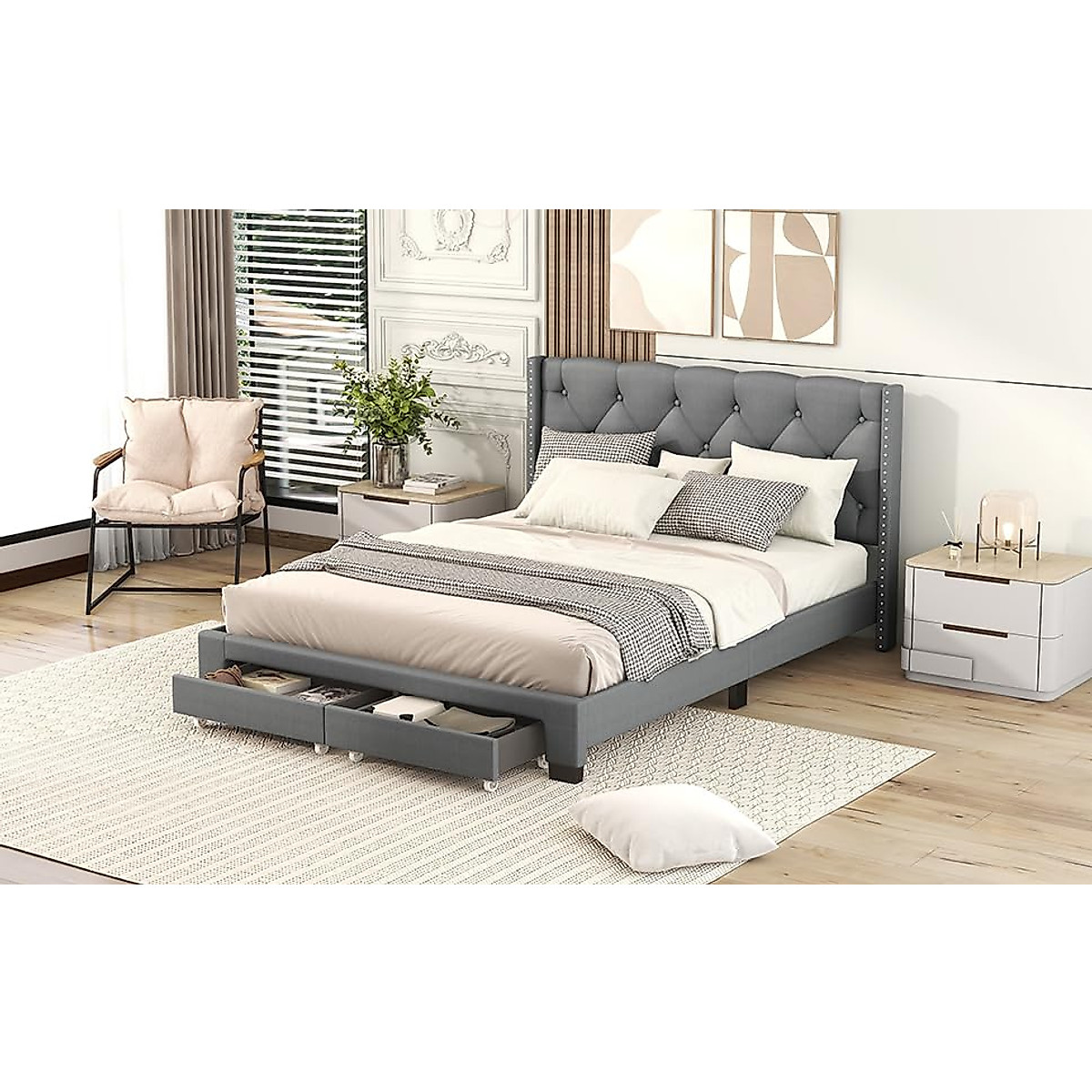 ALYSAHOME Upholstered Queen Size Platform Bed with Storage for Kids,Adults Bedroom,Linen Fabric Bedframe w/Two Drawers & Tufted Nailed Headboard,Space Saving Design & No Box Spring Needed, Gray