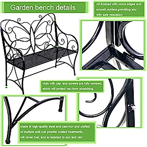 HLC Outdoor Bench Patio Outdoor Garden Bench Butterfly Cast Iron Metal with Armrests for Garden, Park,Yard, Patio, Porch, Lawn Double Seats Black