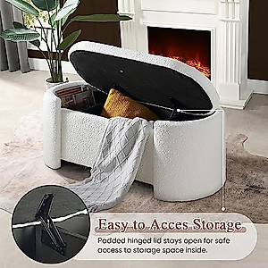 Deolme White Boucle Storage Ottoman Bench- Modern Wooden Indoor Upholstered Storage Bench End of Bed Stool Sherpa Bench Bedside with Safety Hinge for Bedroom, Living Room Seating, Entryway