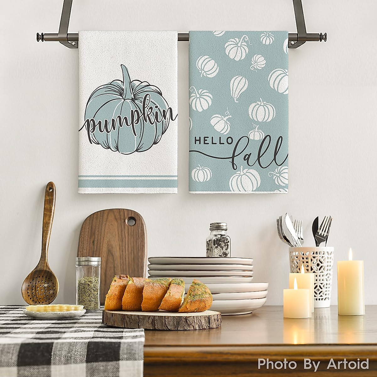 Artoid Mode Blue Watercolor Pumpkin Hello Fall Kitchen Towels Dish Towels, 18x26 Inch It's Fall Y'all Decoration Hand Towels Set of 4