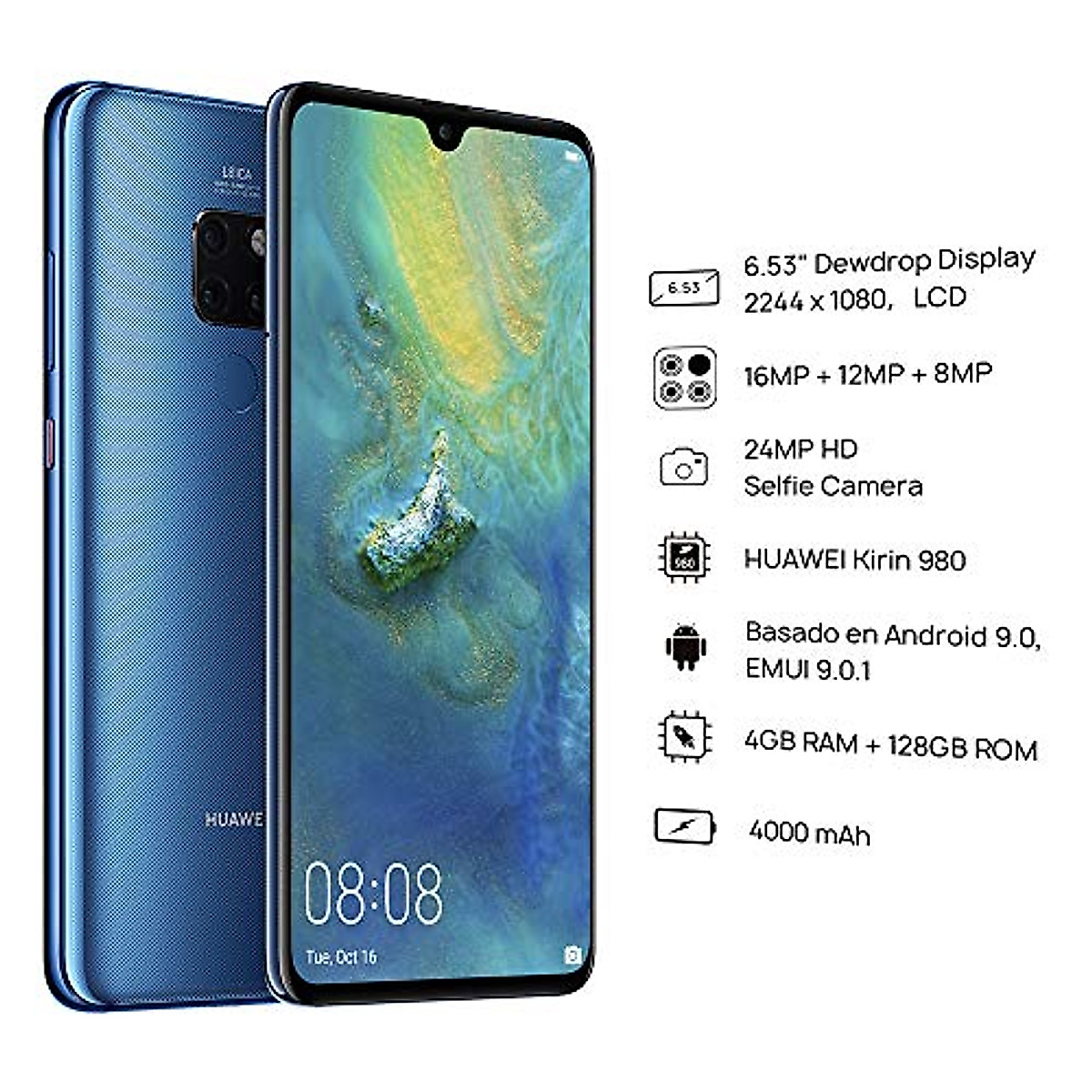 Huawei Mate 20 (128GB/4GB) 6.53" FHD+ Display Triple Camera 4000 mAh Battery 4G LTE GSM Dual SIM Global Unlocked (HMA-L29) International Version, Midnight Blue