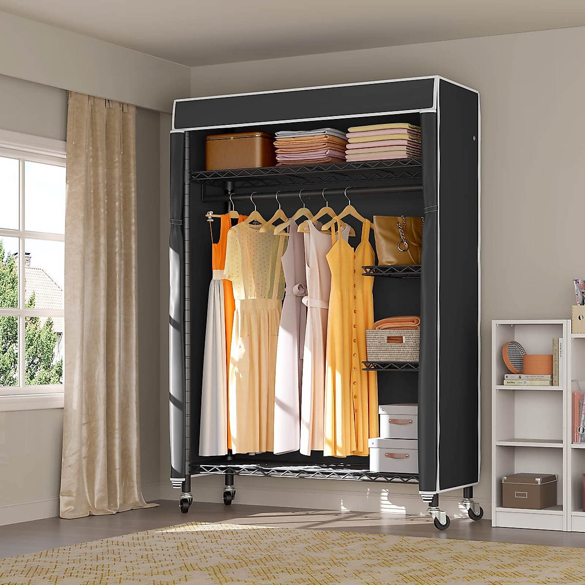 VIPEK V11C Portable Closet Rolling Clothes Rack 5 Tiers Heavy Duty Adjustable Wire Garment Rack with Lockable Wheels Wardrobe Black Metal Clothing Rack with Black Oxford Fabric Cover, Max Load 452LBS