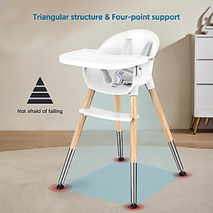 Bellababy Baby High Chair, Classic Wooden Baby High Chair for Babies & Toddlers, 5-Point Harness, Removable Tray, Ergonomic Seat Back, Easy to Assemble and Clean, Lightweight, White