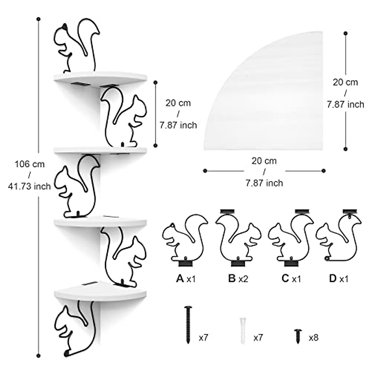 Alsonerbay White Corner Shelf 4 Tier Shelves for Wall Storage, Easy-to-Assemble Floating Wall Mount Shelves for Bedrooms and Living Rooms (Squirrel Shaped)