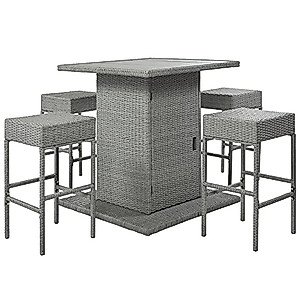 LCH Patio Bar Counter Height Bistro, Outdoor 5-Piece PE Rattan Dining Set, All-Weather Wicker Square Kitchen Table with Storage Shelf and 4 Padded Stools, Grey