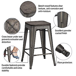 Yaheetech 24'' Counter Height Barstools 4PCS Metal Chairs Barstools for Patio with Wood Seat for Indoor and Outdoor, Gun Metal