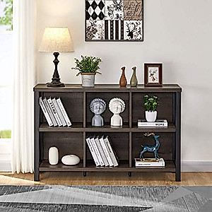 FATORRI Rustic 6 Cube Storage Organizer with Shelf, Wood and Metal Cubby Bookcase, Industrial Horizontal Bookshelf (Walnut Brown, 47 Inch)