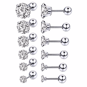 6 Pairs Shiny Round Cubic Zirconia Surgical Steel Stud Earrings Tragus Helix Conch Piercing Cartilage Sets