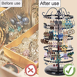 MODOWEY 5 Tiers Metal Rotating Earring Holder Organizer, Exquisite Jewelry Display Stand Necklace Rack Holder, 220 Holes for Earrings- 14x6.3 Inch (Black)