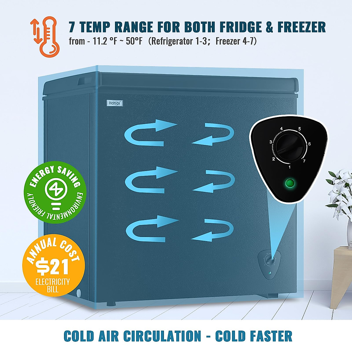 WANAI Chest Freezer Large Home Deep Freezers Black Top Door with Removable Basket Compact Freezer 7 Temperature Control Energy Saving for Home Kitchen Office Dorm Apartment