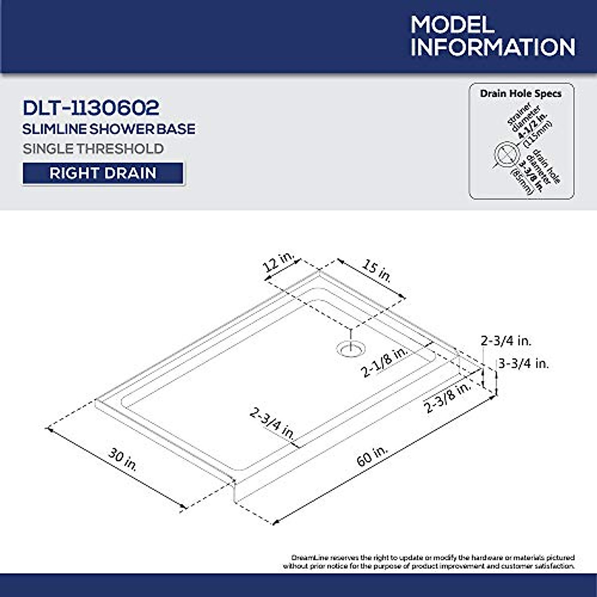 DreamLine SlimLine 30 in. D x 60 in. W x 2 3/4 in. H Right Drain Single Threshold Shower Base in White, DLT-1130602