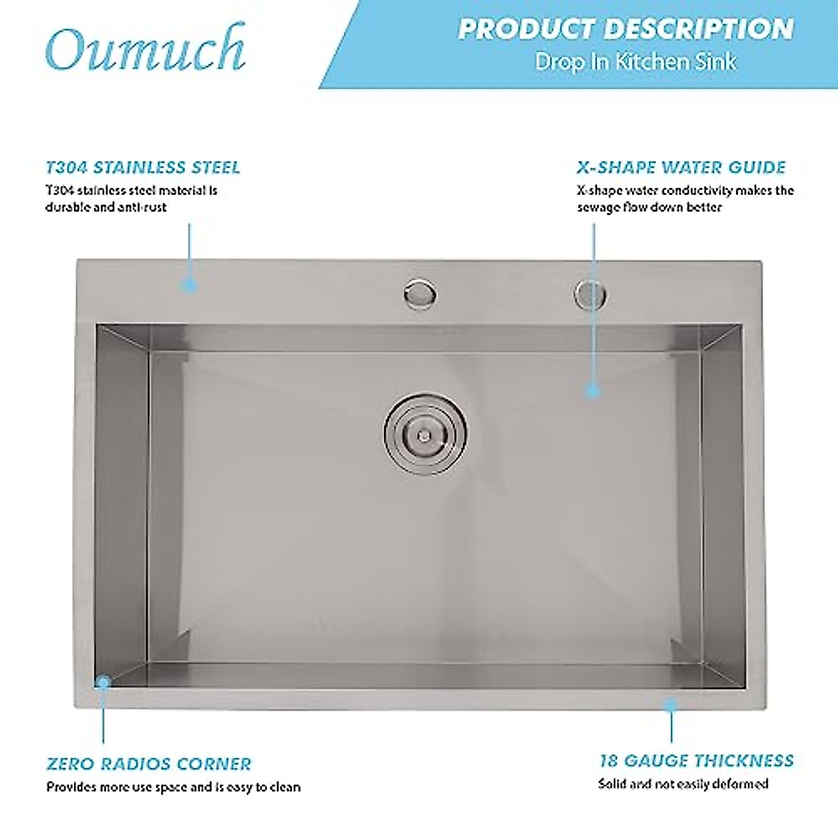 Oumuch 33 Inch Undermount Kitchen Sink Stainless Steel 33" Single Bowl Undermount Sinks 18 Gauge 33x19 In Single Basin Sink