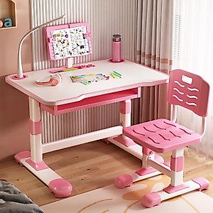 Shulemin Kid Desk and Chair Set Student Desk and Chair Set Study Table for Kids Kids Adjustable Desk Tiltable Desktop Toddlers Writing Table Boys Desk Girl Desk with Extra Large Drawer Pink