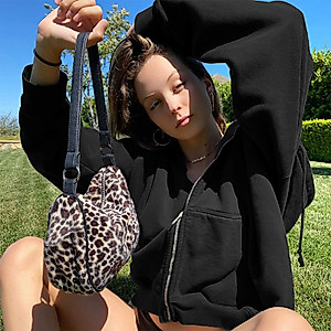 Women Vintage 90s Solid Zipper Front Oversized Long Sleeve Brown Sweatshirts Hoodies with Pockets