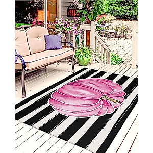 Outdoor Rug 4' x 6', Thanksgiving Fall Large Area Rugs for Patio/RV/Deck/Porch/Indoors, Black and White Striped Pink Pumpkin Water Absorption Camping Rug Carpet, Lightweight Washable Rug Runners