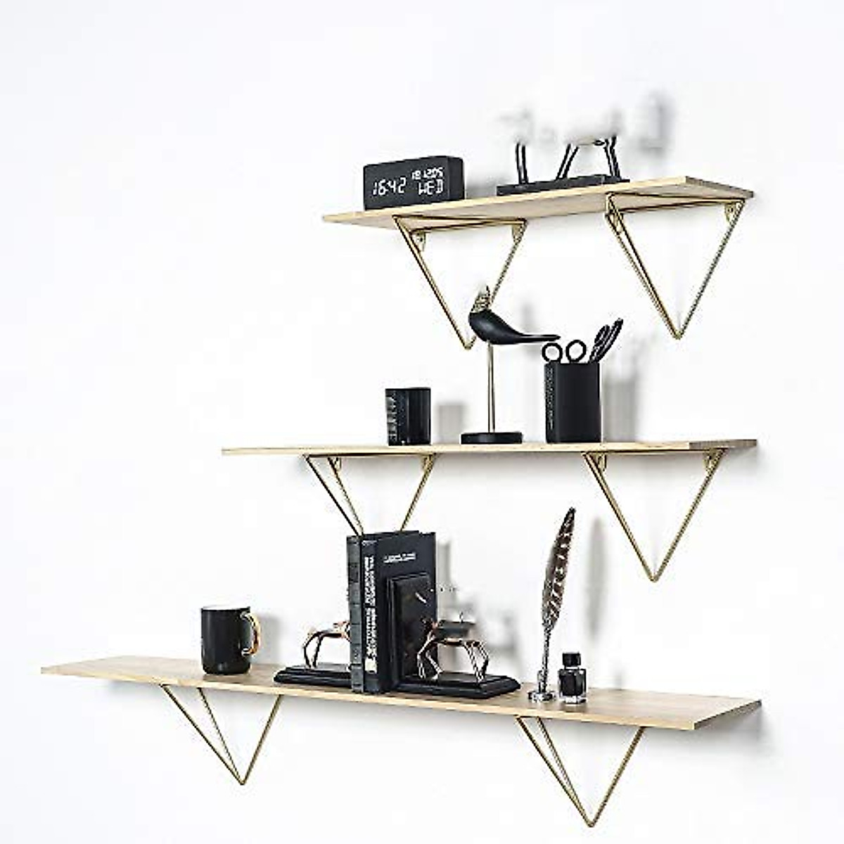 PIBM Stylish Simplicity Shelf Wall Mounted Floating Rack Shelves Iron Art Metal Solid Wood Storage Display Stand Triangle Bracket Living Room Restaurant,4 Sizes, Gold , DA+B+C