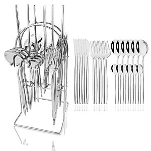 JASHII 24-Piece Stainless Steel Flat Flatware Set for 6, Fork Spoon Knife Set Eating Utensils Tableware with Holder for Kitchens Home and Restaurant, Dishwasher Safe - Shiny Silver