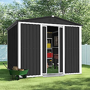 Crownland Outdoor Vented Backyard Garden Storage Shed 6 x 8 Feet Tool House with Sliding Door Outdoor Lawn Steel Roof Sheds (Gray)