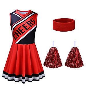 AOMIG Girl's Cheerleader Costumes - Cheerleader Uniform Dress without Sleeve with Pom Poms and Headband, Girl's School Musical Birthday Party Costumes Cheerleader Suit(S,Red)