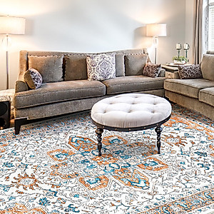 Mcadore 8x10 Washable Boho Area Rug - Non Slip, Indoor Large Carpet for Living Room, Bedroom, Kitchen - Tangerine/Multi Color, Easy to Clean, Durable and Stylish