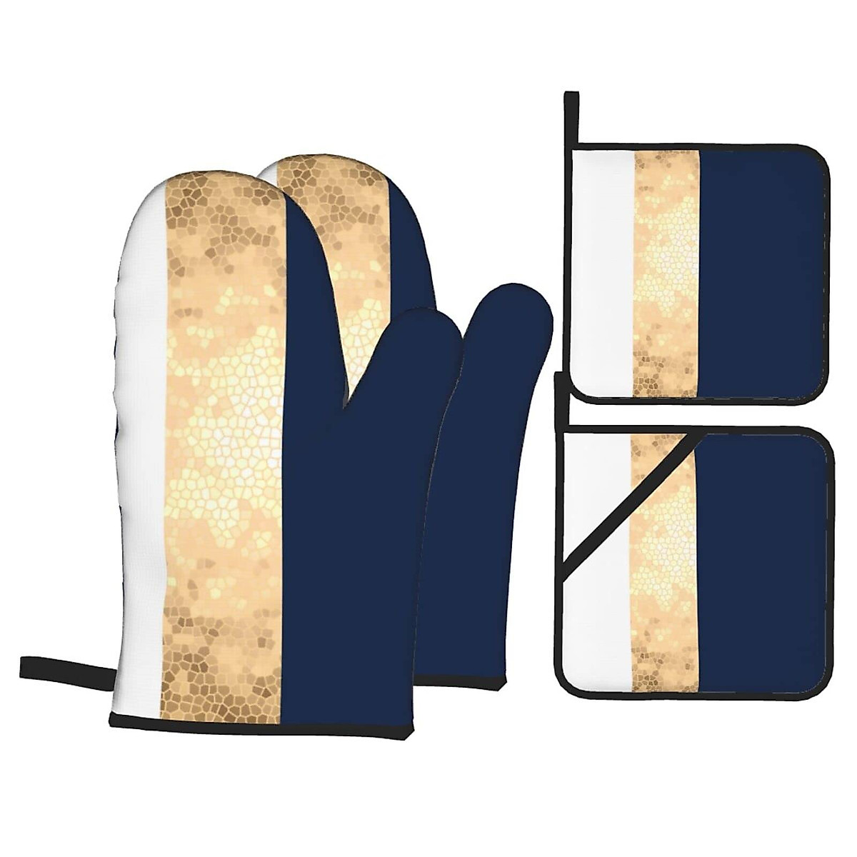 MUKJHOI Oven Mitts Pot Holders Set of 4 Heat Resistant Kitchen Waterproof Elegant Faux Gold Navy Blue White Stripes Women Men Home Cooking Baking Microwave BBQ Gift