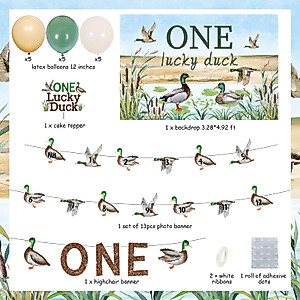 Fangleland Mallard Duck 1st Birthday Decorations for 1 Year Old Boy, One Lucky Duck Theme Boy First Birthday Party Supplies with Cake Topper, Backdrop, High Chair Banner, Balloons