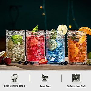 wookgreat Drinking Glasses, 8 pcs Embossed Designed Glass Cups, 15oz Highball Glasses, Tall Water Glass Tumbler, Mojito Cups, Cocktail Glass, Vintage Glassware Set for Water, Juice, Cocktail, Whiskey