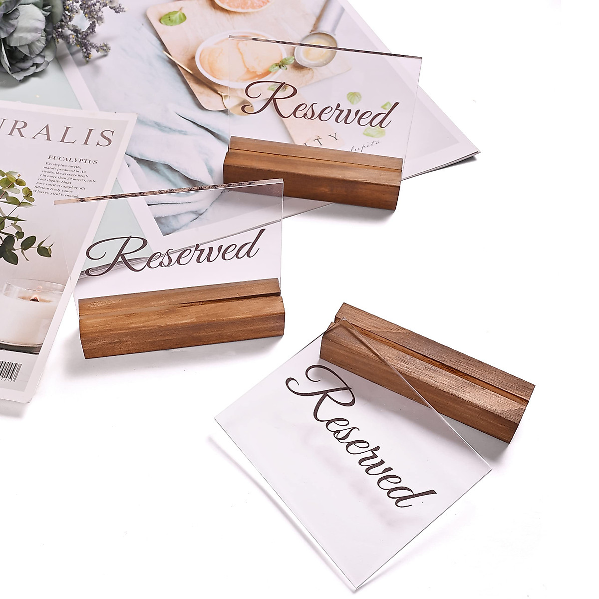 Sparkle Race Reserved Table Signs, 6-Pack Acrylic Reserved Signs for Tables, Reserved Signs for Weddings with Wood Holders, Place Card Holder for Dinner Party Events Seating