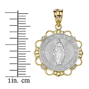 14k Two-Tone Gold Round Blessed Virgin Mary Miraculous Diamond Medal Pendant Necklace, 18"