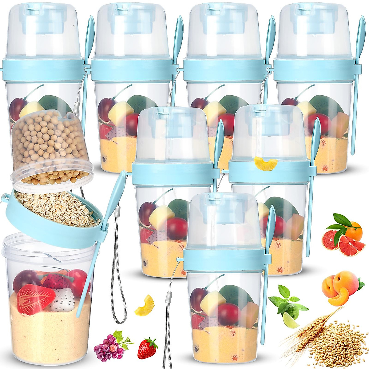 Mifoci 8 Pcs 26 oz Portable Cereal Cup Overnight Oats Container with Lid and Spoon for Yogurt Salad Fruit Oatmeal Cereal Overnight Oats Breakfast Vegetable Snack Cup, Blue