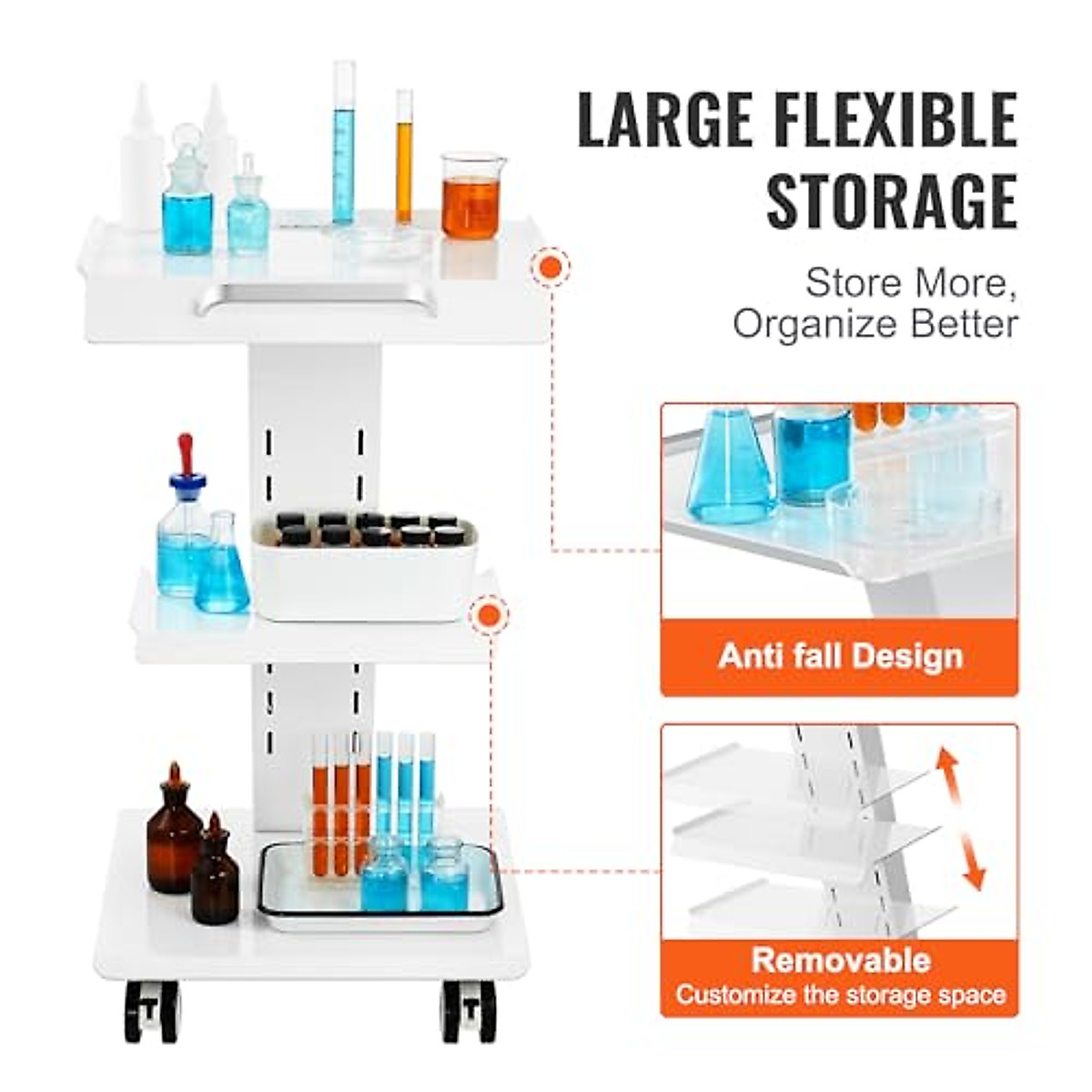 VEVOR Lab Trolley, Built-in Socket Rolling Lab Cart, 3 Layers Tray Rolling Clinic Cart, 360° Silent Rolling Wheels w/Foot Brake, 88 lbs Weight Capacity Sturdy Steel Frame, for Lab Clinic Beauty Salon