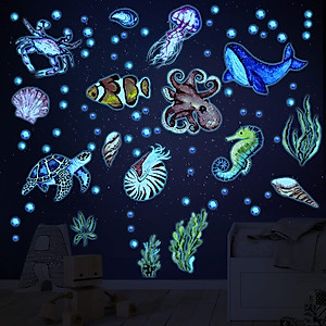 52 Pieces Glowing Wall Stickers Sea Turtle Wall Decals Ocean Creature Wall Stickers Waterproof Ocean Wall Sticker PVC Sea Animals Wall Stickers for Kids Room Living Room Nursery Bathroom Decoration