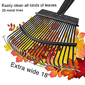 Garden Leaf Rake, Shrub Rake for Leaves Long Handle Heavy Duty, 18" Width Metal Mulch Rake for Gardening, Flower Beds, Lawn, Yard, 6ft