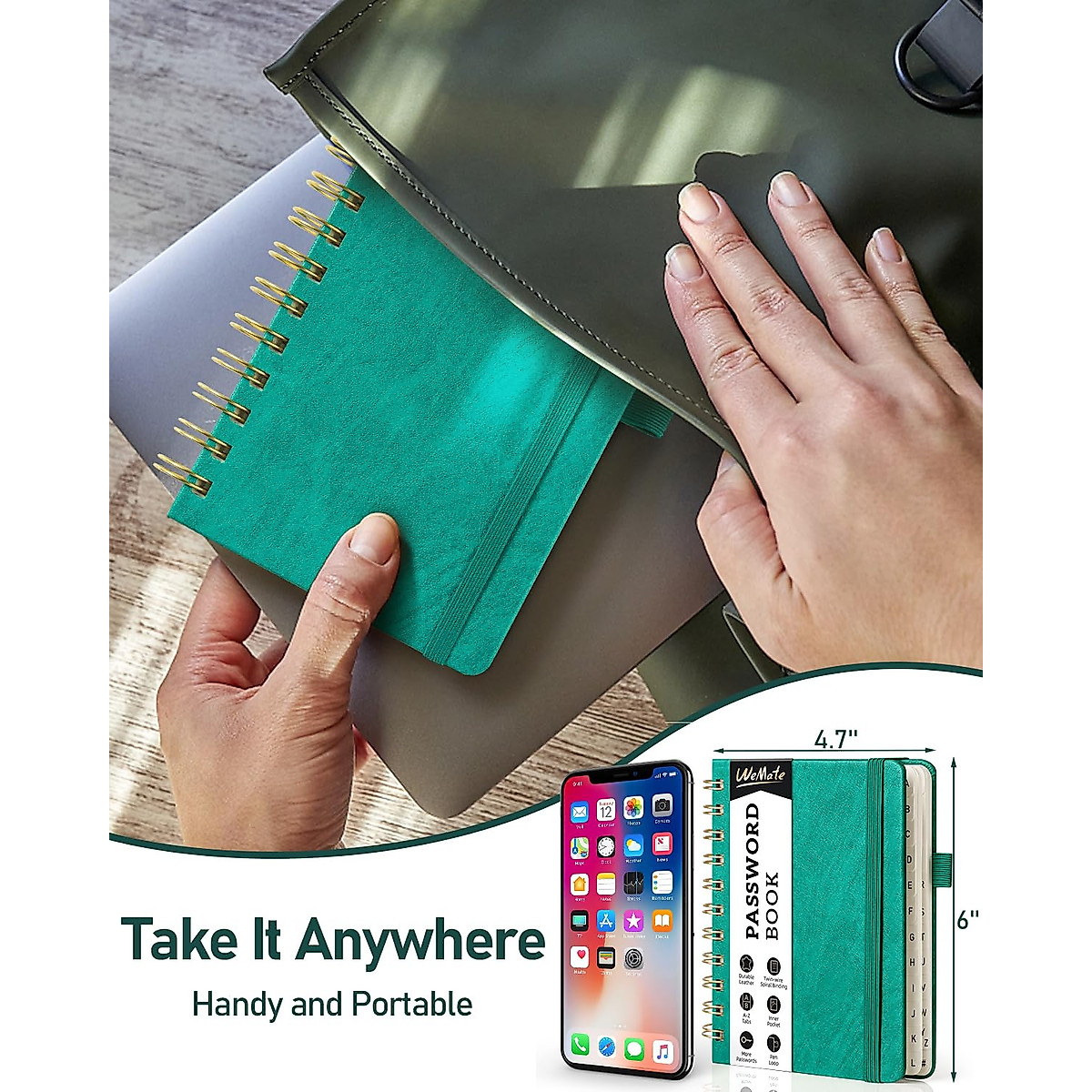 WEMATE Password Book with Alphabetical Tabs, Spiral Password Keeper Book for Seniors, Internet Password Notebook Password Journal Logbook Log in Detail, Small – 4.7''x 6'' (Teal)