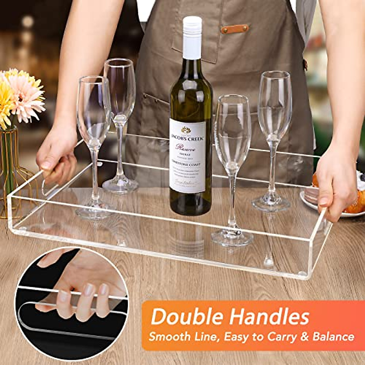 MaxGear Acrylic Decorative Tray Serving Trays with Handles (16 inches, Set of 2), Clear Decorative Tray Coffee Table Nesting Trays Ottoman Tray for Food, Tea, Snacks, Kitchen, Vanity