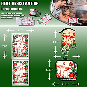 Lobyn Value Packs - 5 Piece Tropical Kitchen Towel Set: Features Flock of Pink Flamingos, 2 Decorative Dish Towels, 1 Oven Mitt, and 2 Potholders