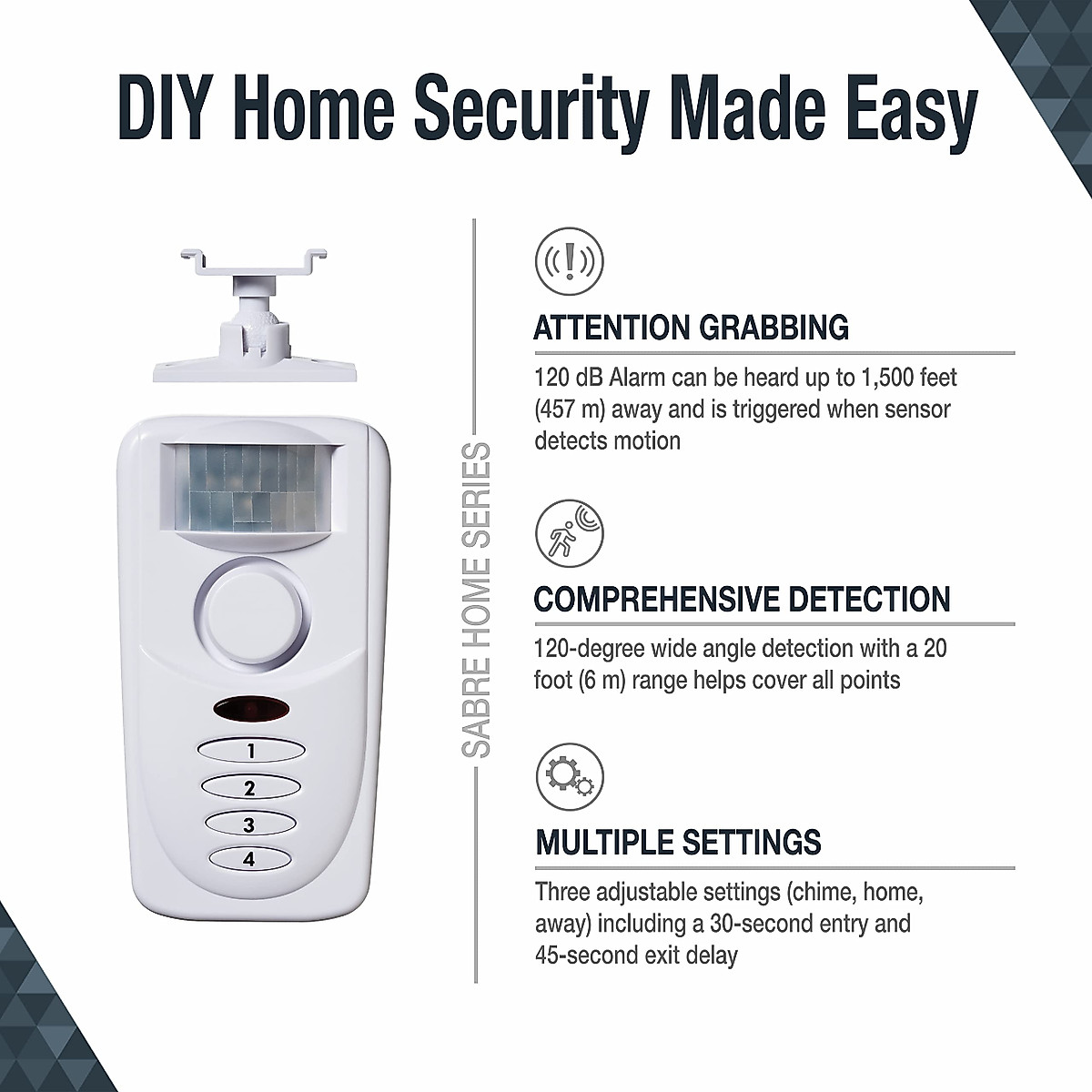 SABRE Wireless Motion Sensor Home Security Burglar Alarm with LOUD 120 dB Siren and 120 Degree Wide Angle Detection, DIY EASY Installation