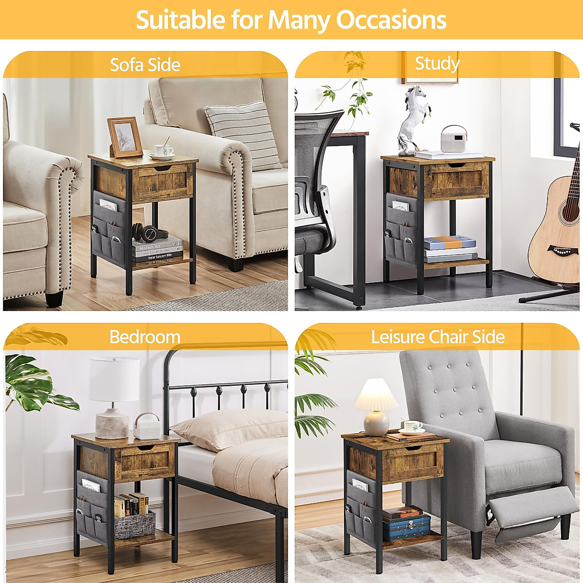 Yaheetech End Table with Storage Drawer & Shelf, Square Sofa Side Table with Removable Fabric Bag, Wood Nightstand Bedside Table with Metal Frame for Living Room/Bedroom/Small Space, Rustic Brown